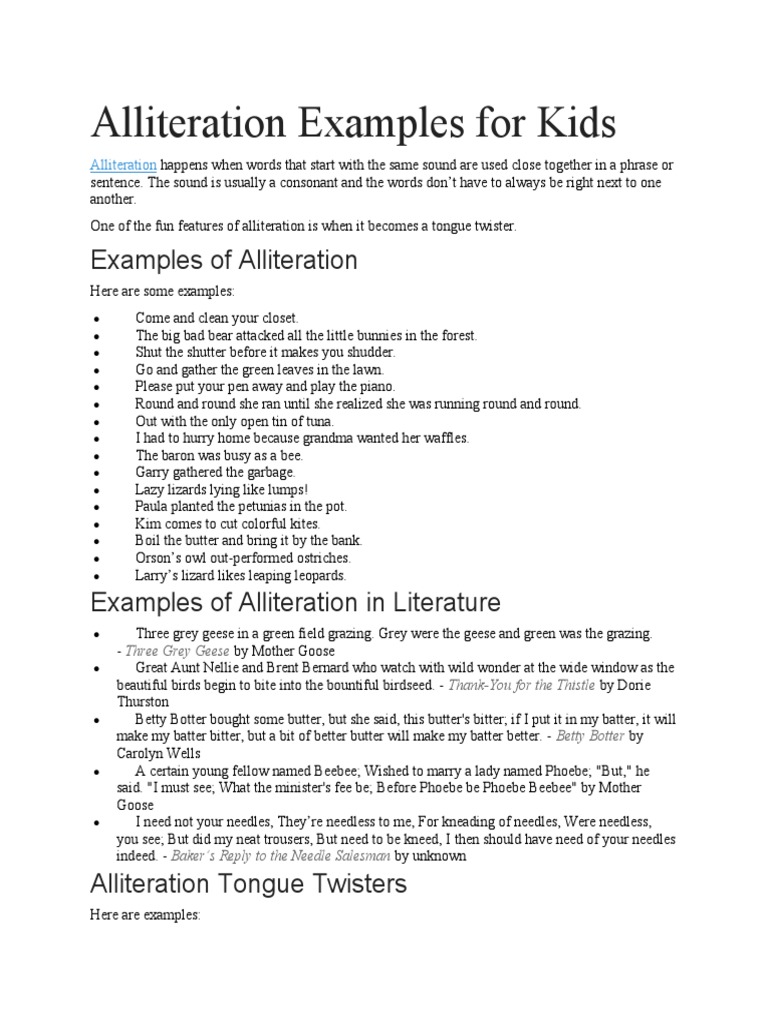 Alliteration Examples For Kids | PDF