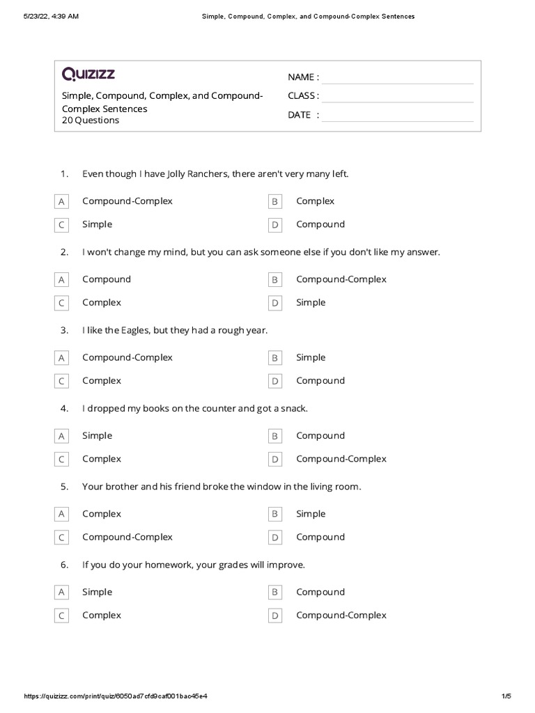 Simple, Compound, Complex, and Compound-Complex Sentences | PDF | Linguistic Morphology ...
