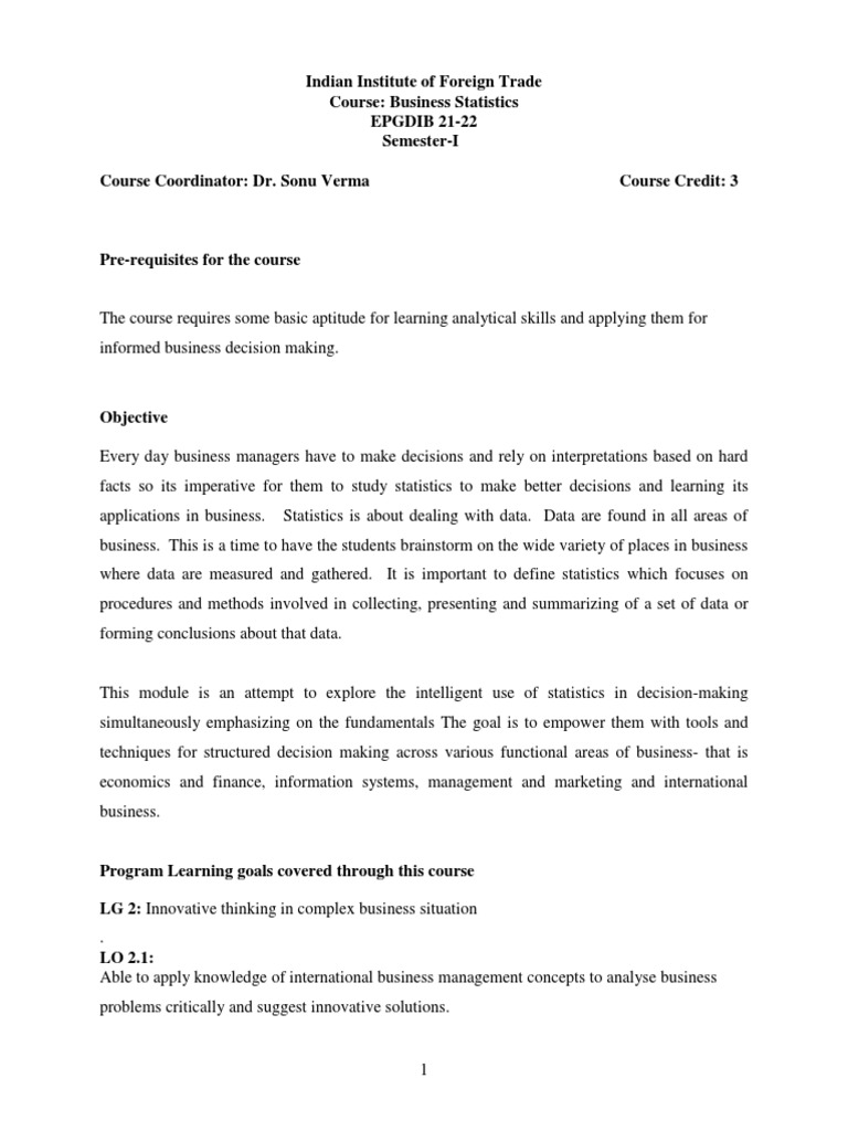 Course Outline - Business Statistics | PDF | Probability Distribution | Statistics