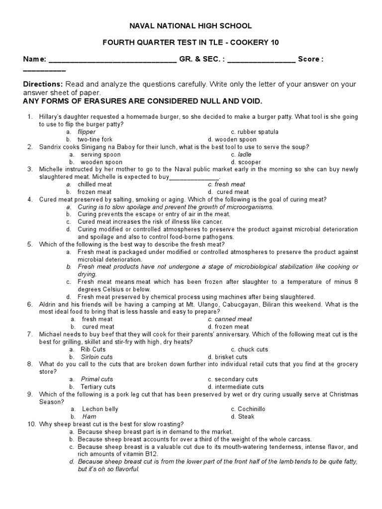 Cookery 10 Fourth Q Exam | PDF | Cooking | Grilling