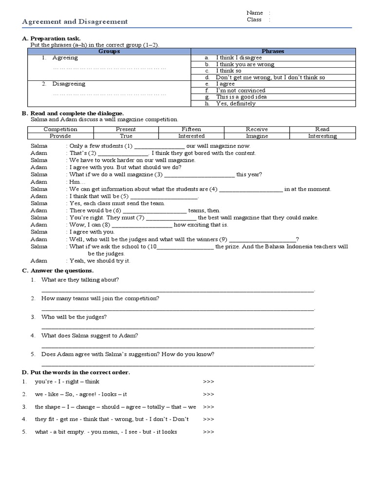 Agreement Disagreement Worksheet | PDF
