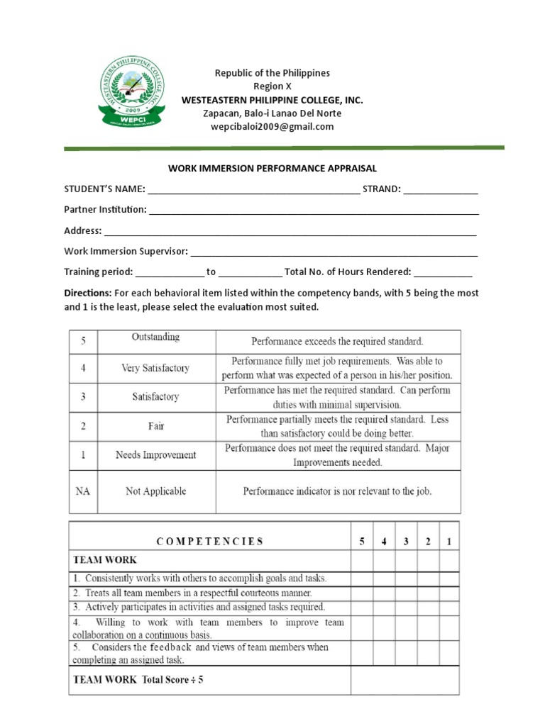 Work Immersion Appraisal (Rating) | PDF | Career & Growth