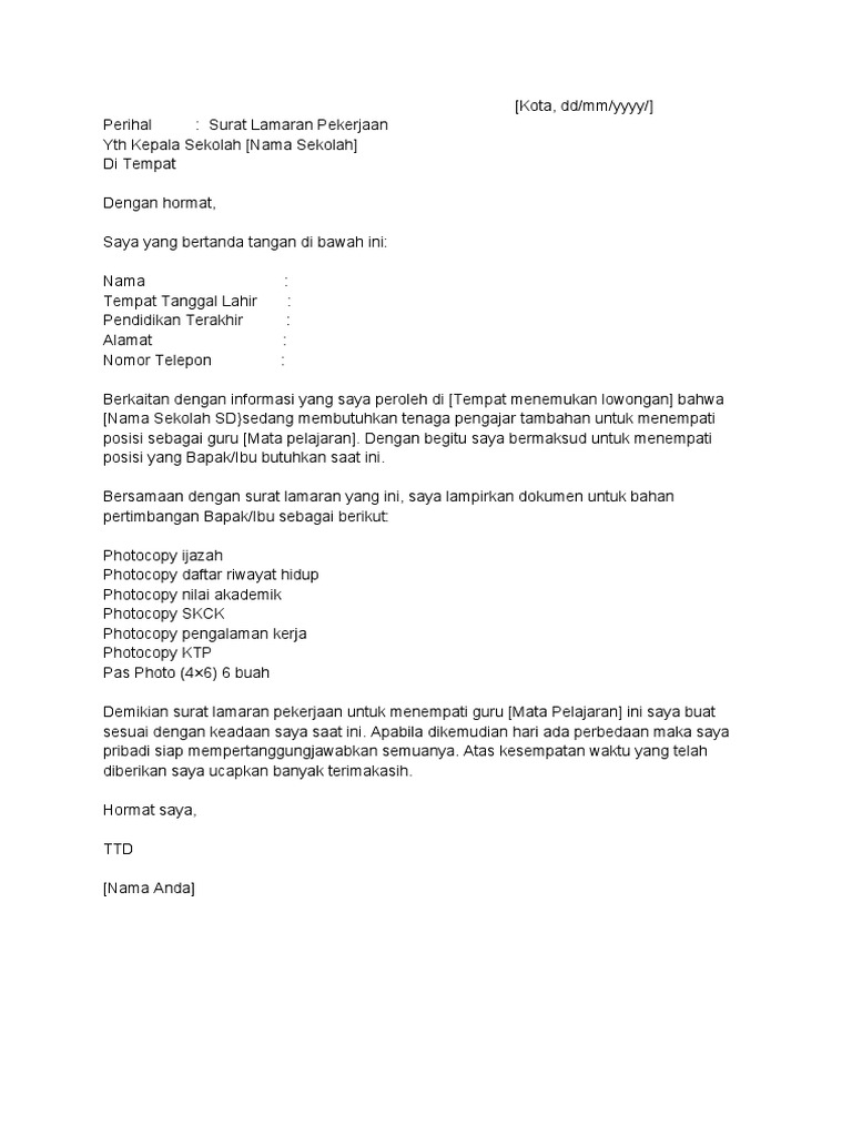 Surat Lamaran Kerja Guru SD | PDF
