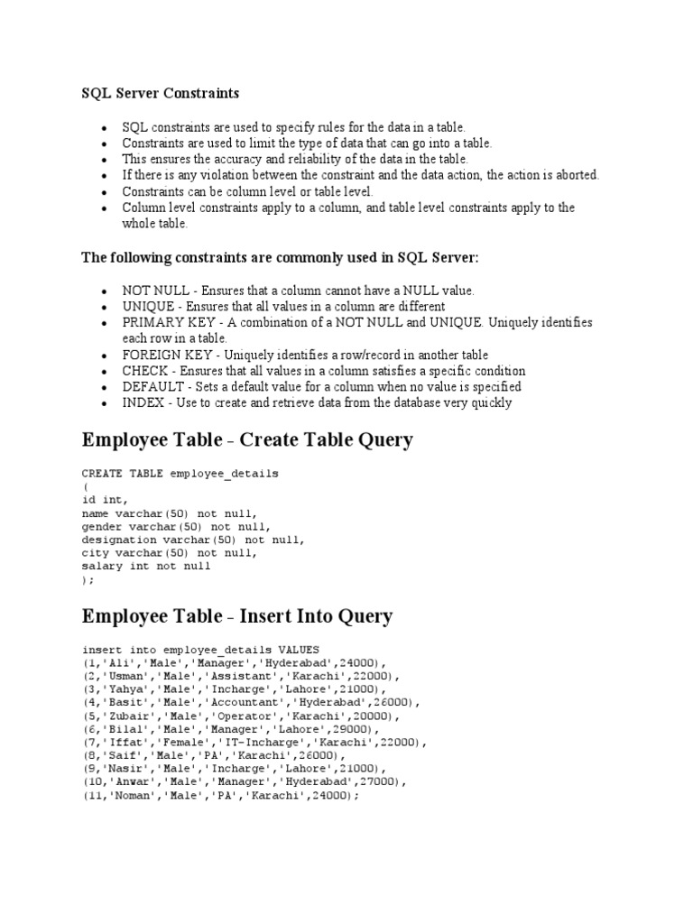 SQL Server Constraints | PDF | Relational Database | Table (Database)