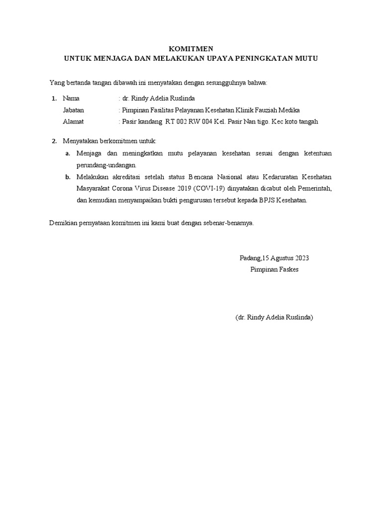 Surat Komitmen Mutu | PDF