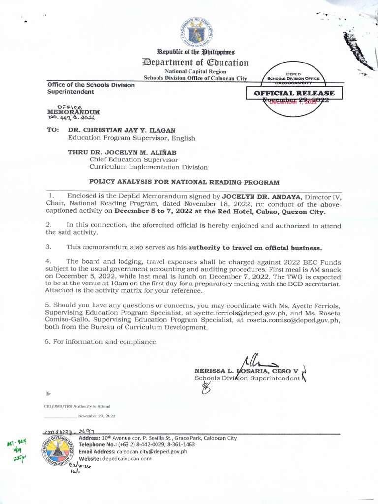 Office Memorandum No. 447 S. 2022 Policy Analysis For National Reading ...