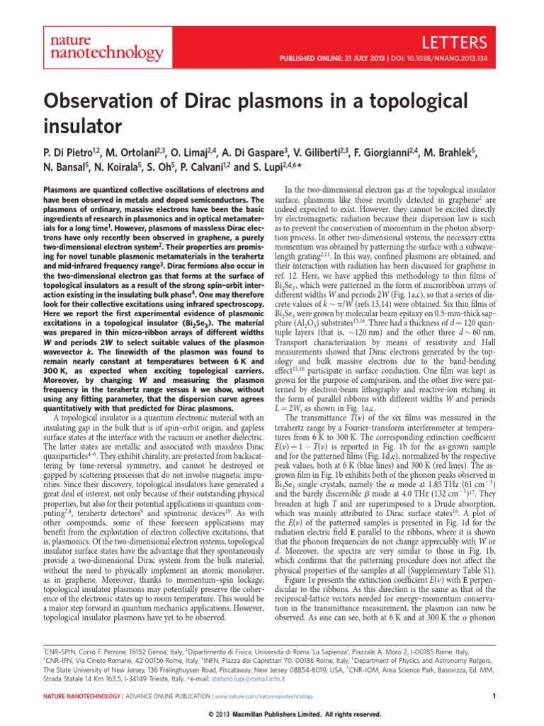 Observation of Dirac Plasmonds Ina Topological Insulator | PDF