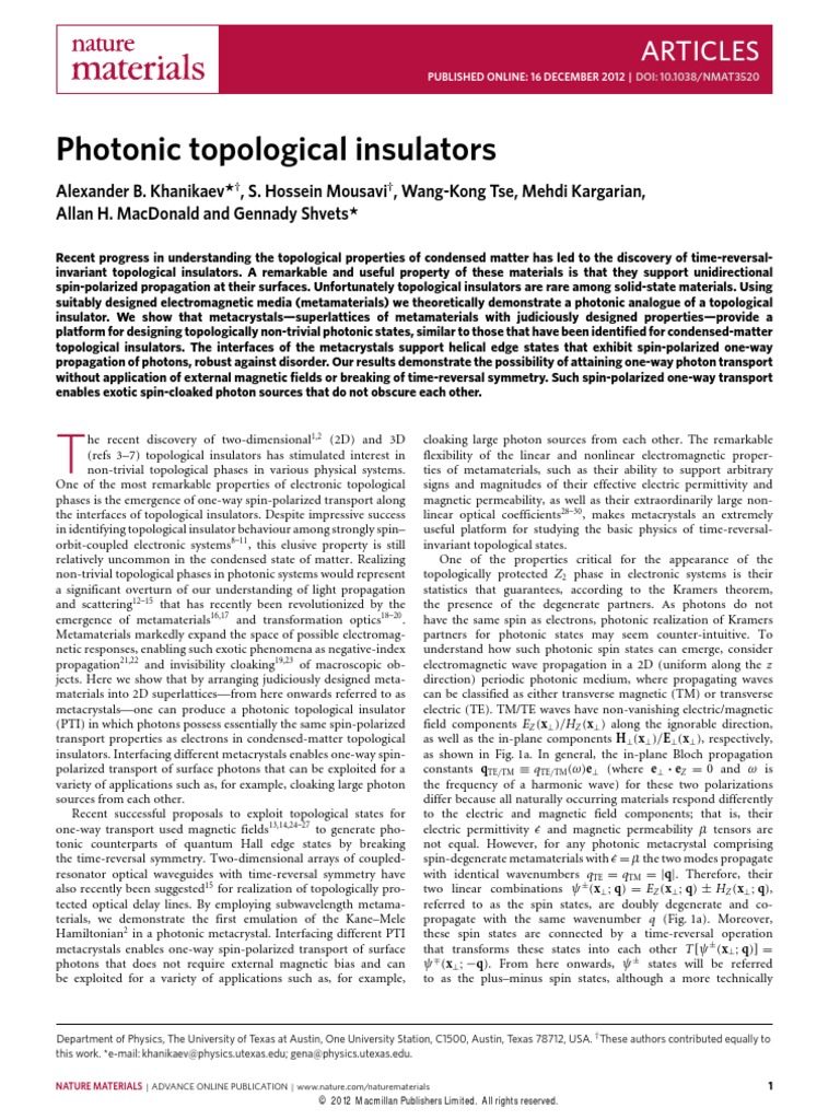Photonic Topological Insulators | PDF | Metamaterial | Spin (Physics)