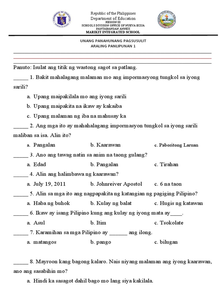 AP 1 UNANG PANAHUNANG PAGSUSULIT with TOS | PDF