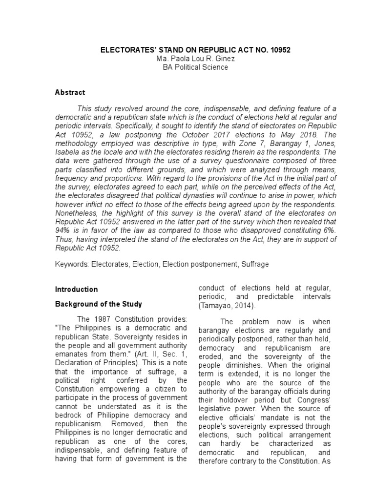 Electorates' Stand On Republic Act No. 10952 | PDF | Elections | Government