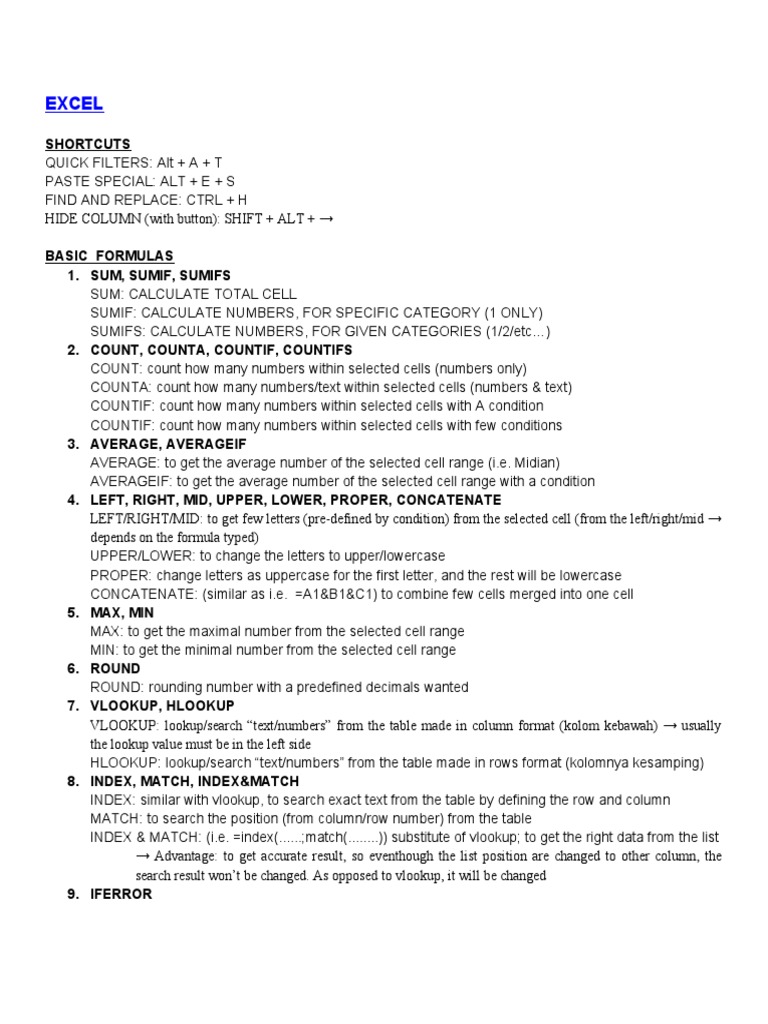 Basic Excel Notes Pdf Database Index Data Management