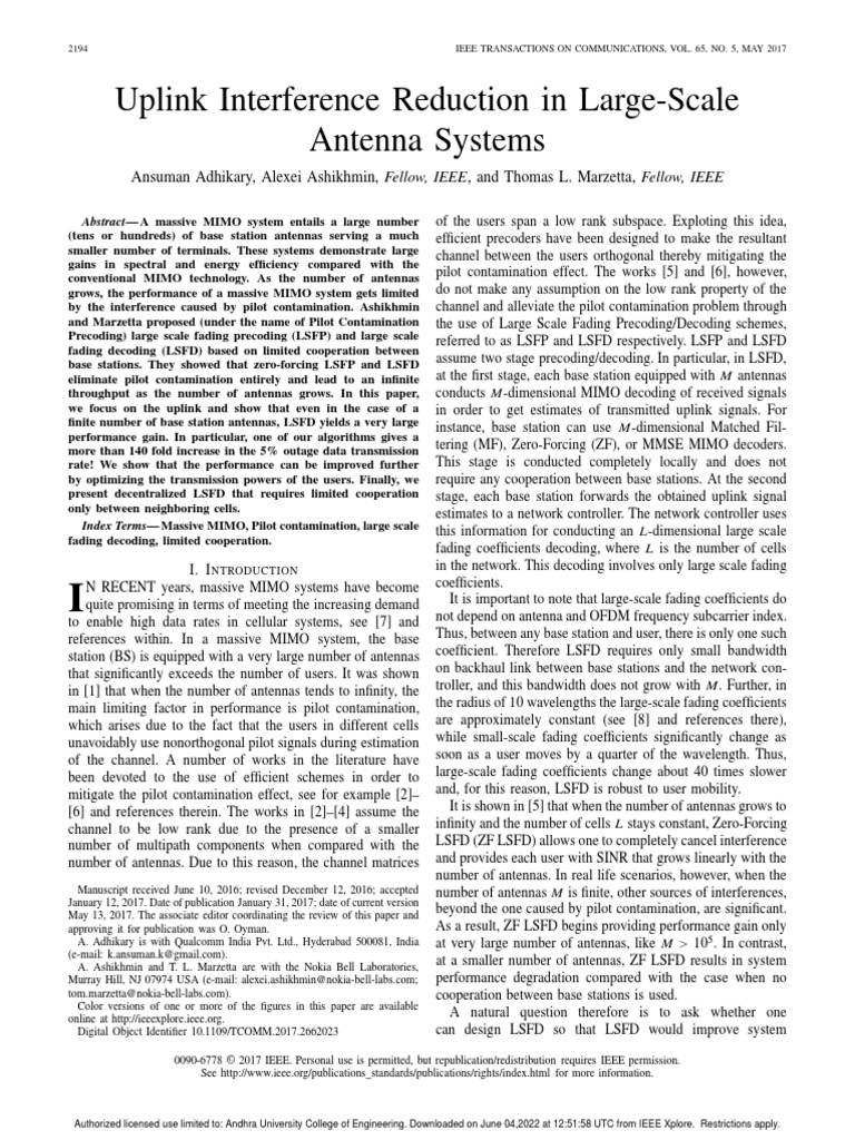 Uplink Interference Reduction in Large-Scale Antenna Systems | PDF | Mimo | Orthogonal Frequency ...