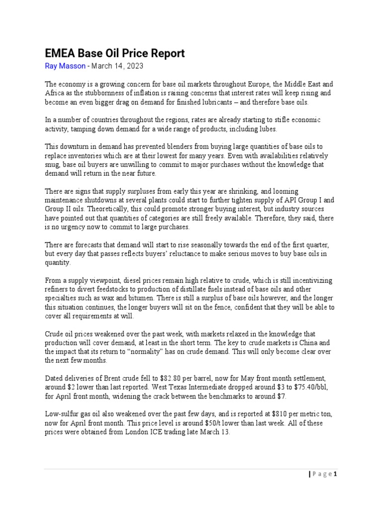 EMEA Base Oil Price Report 14-March-23 | PDF | Petroleum | Prices