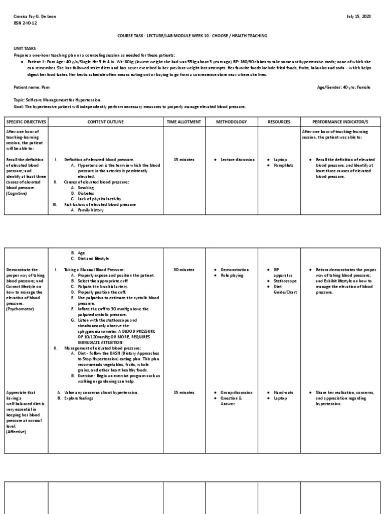 Course Task - Lecture - Lab Module Week 10 - Choose - Health Teaching ...