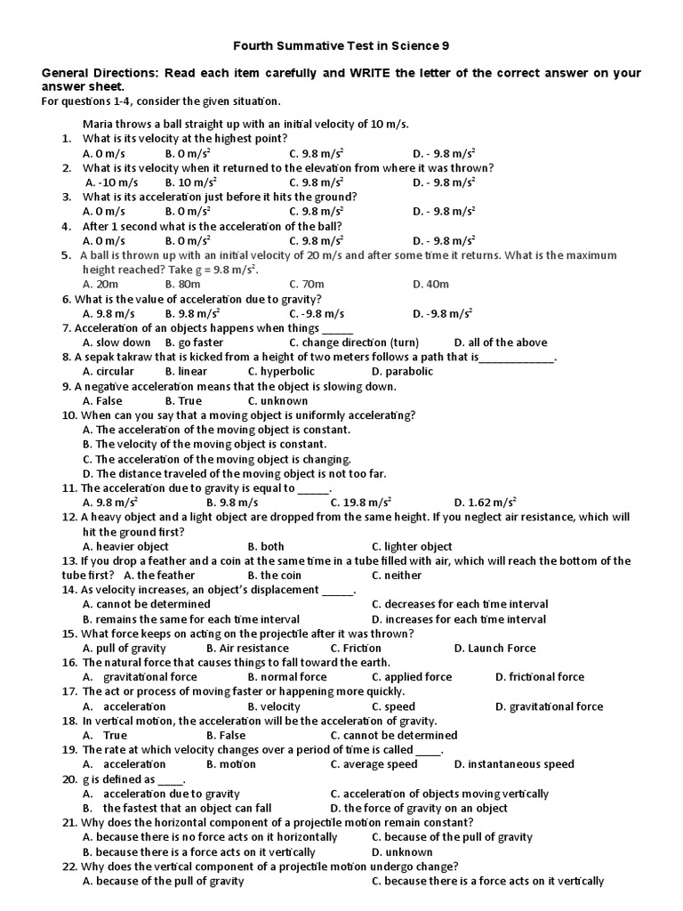 Science 9 Fourth Summative Test | PDF