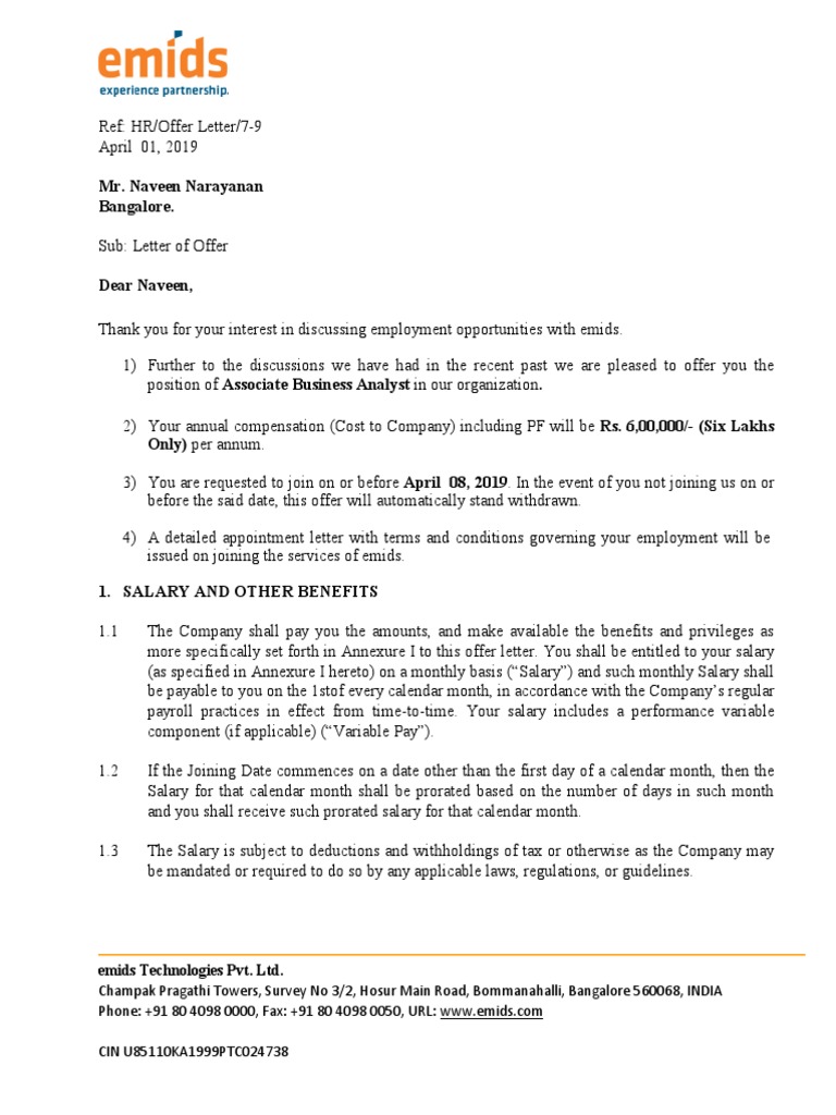Offer Letter - Naveen Narayanan | PDF | Employment | Confidentiality