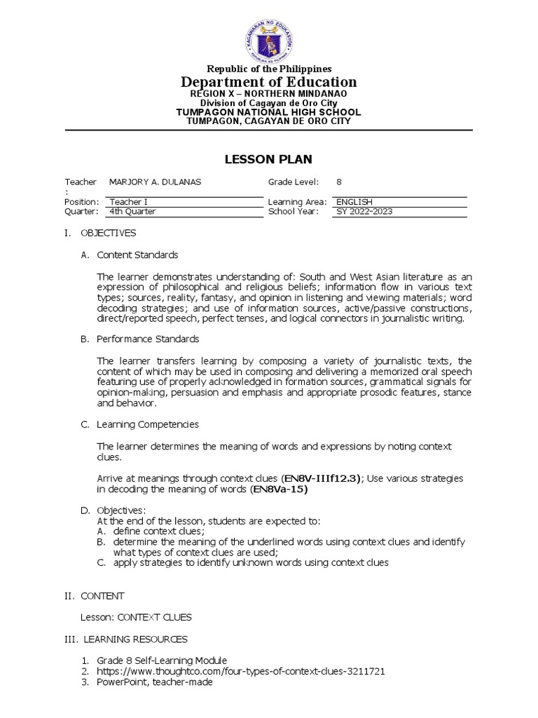 Cot 2 in English 8 | PDF | Learning | Word