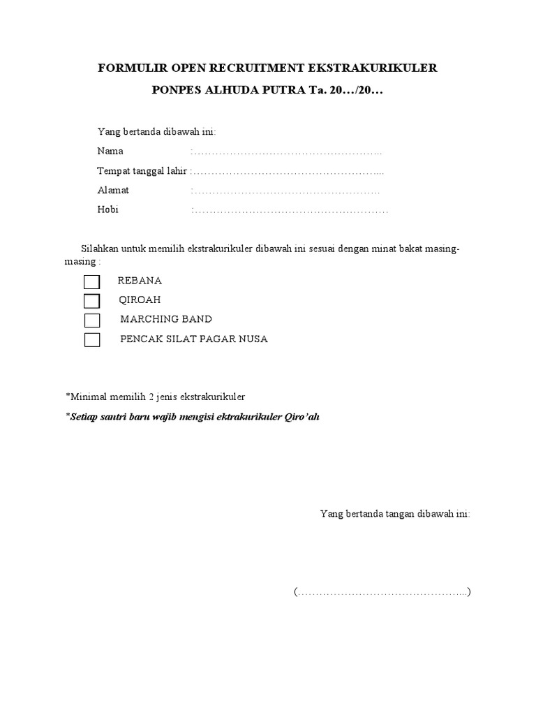 Formulir Open Recruitment Ekstrakurikuler | PDF