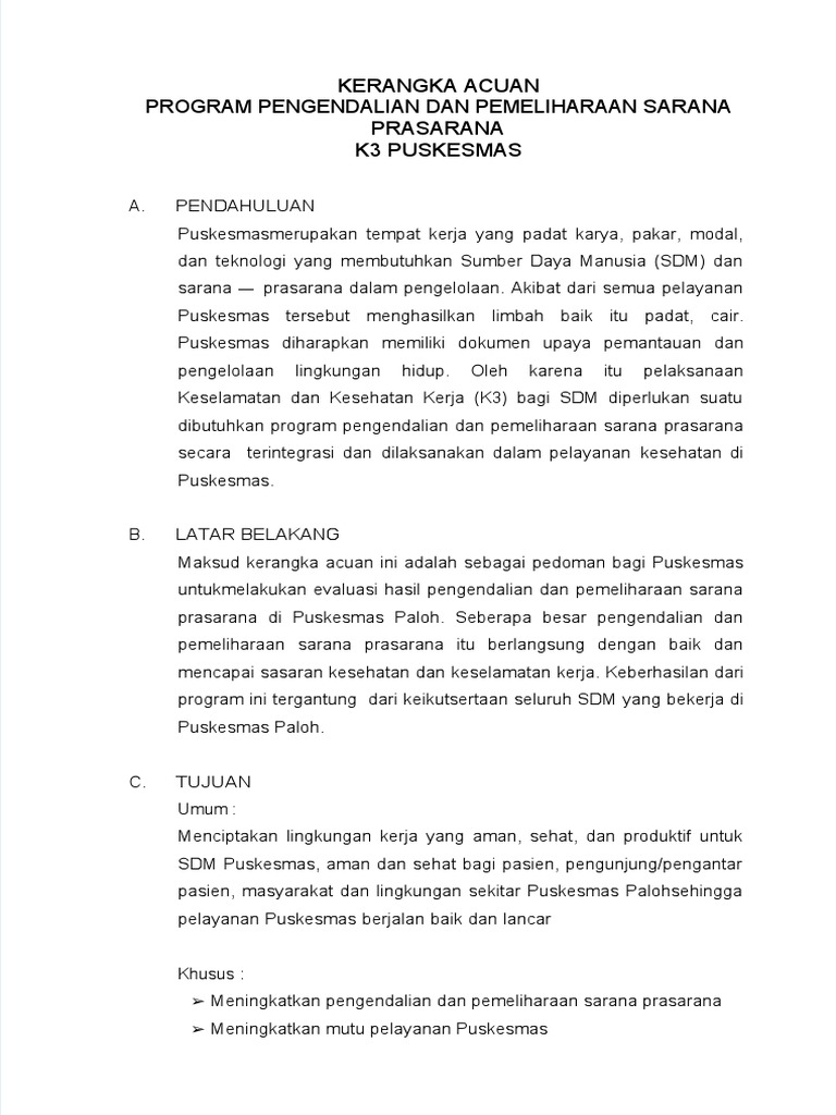 Kak Program Pengendalian Dan Pemeliharaan Sarana Prasarana K3 PKM Paloh | PDF