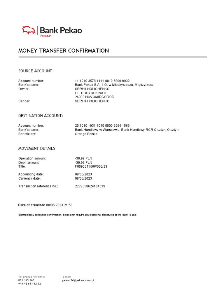 Money Transfer Confirmation: Source Account | PDF