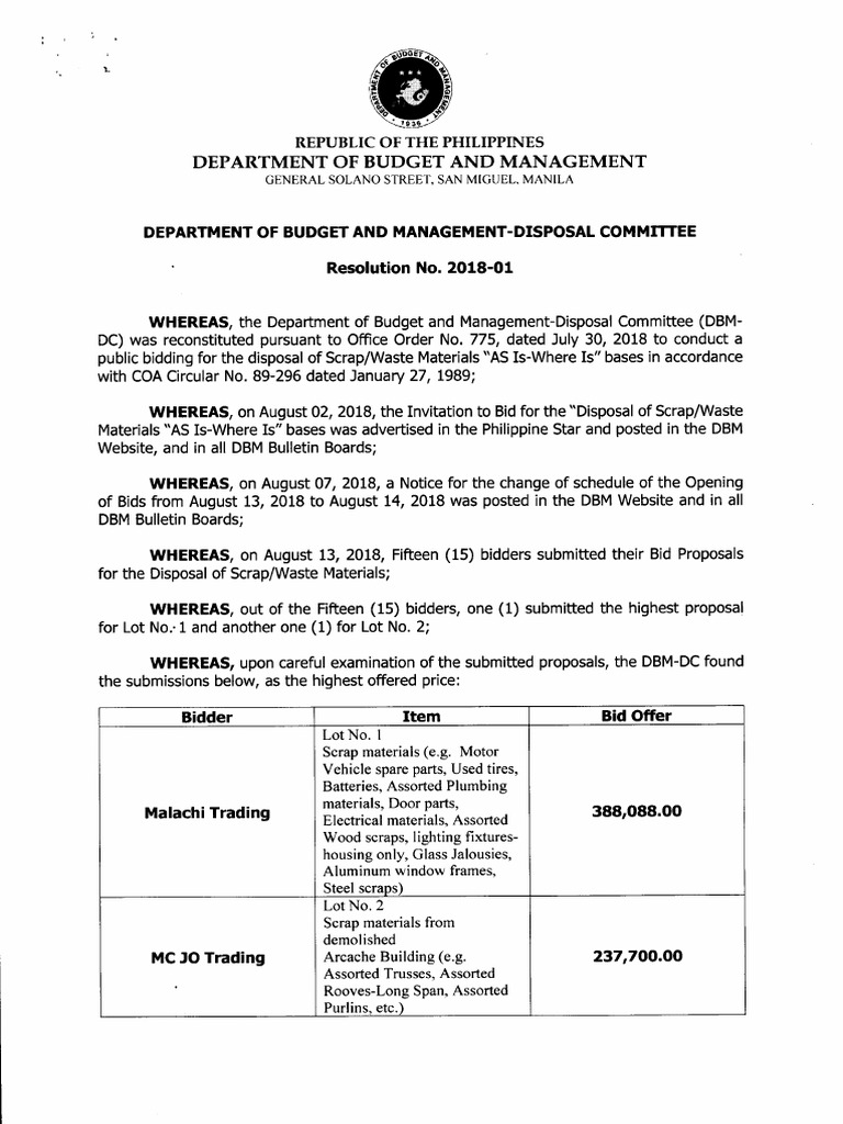Disposal Committee Resolution and Notice of Award 000719 | PDF