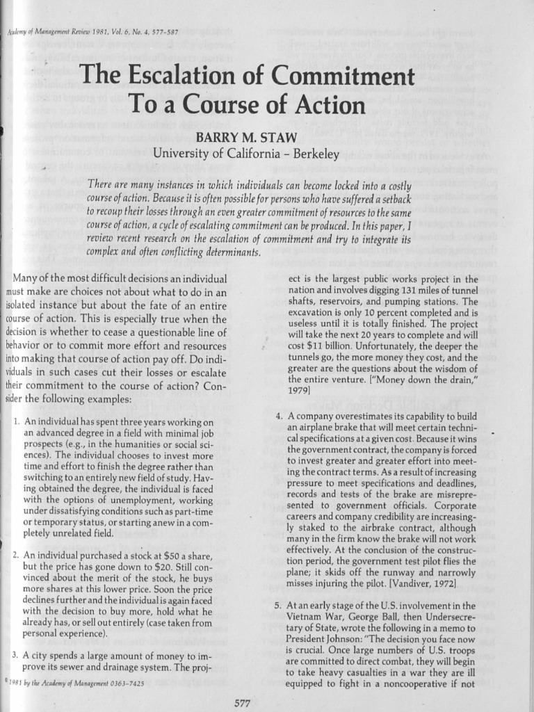 The Escalation of Commitment To A Course of Action | PDF | Rationality ...