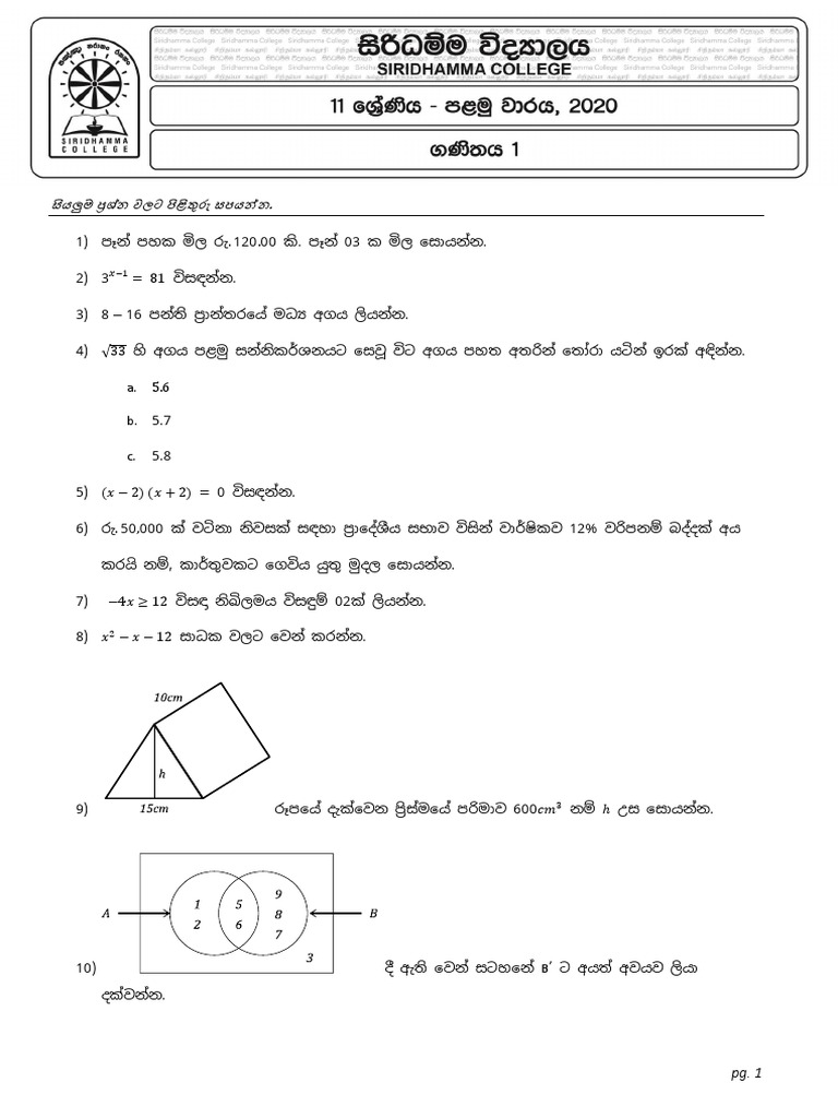 2020 Grade 11 Mathematics First Term Test Paper Siridhamma College | PDF