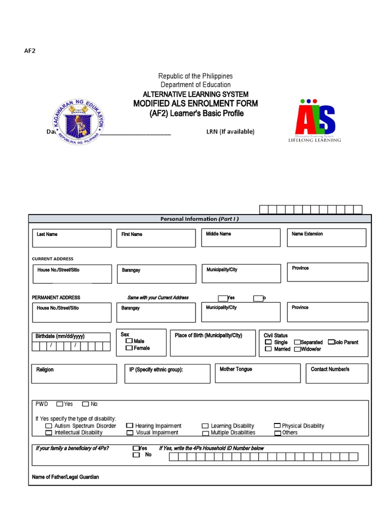 Alternative Learning System Form - AF2 - Modified ALS Enrolment Form 1 ...