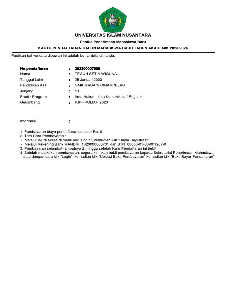 Pendaftaran Uninus | PDF