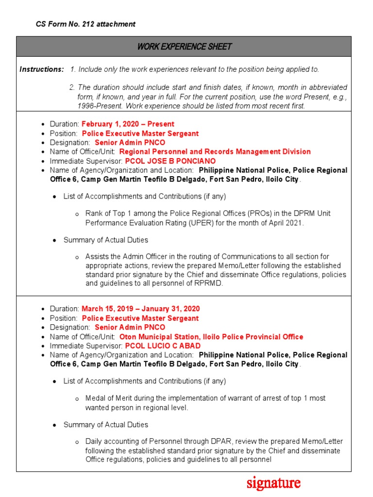 SAMPLE Work Exp Sheet | PDF | Government