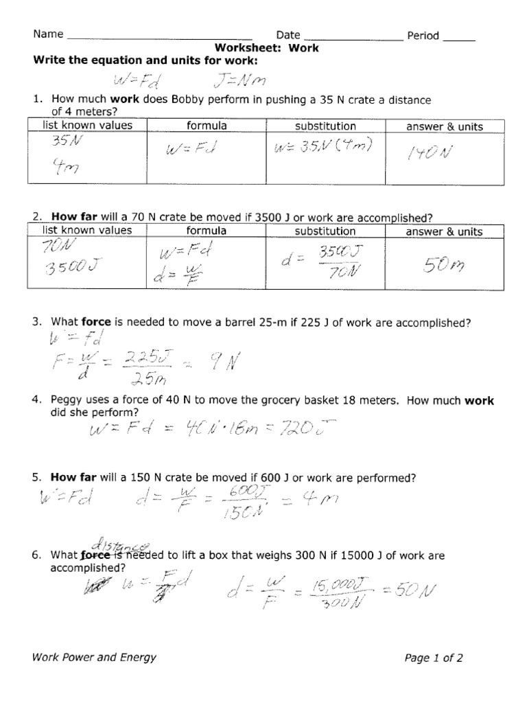 Work and Energy Worksheet Keys | PDF