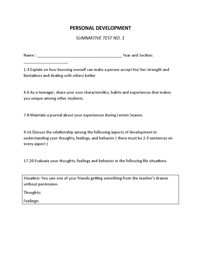 Personal Development Summative Test | PDF