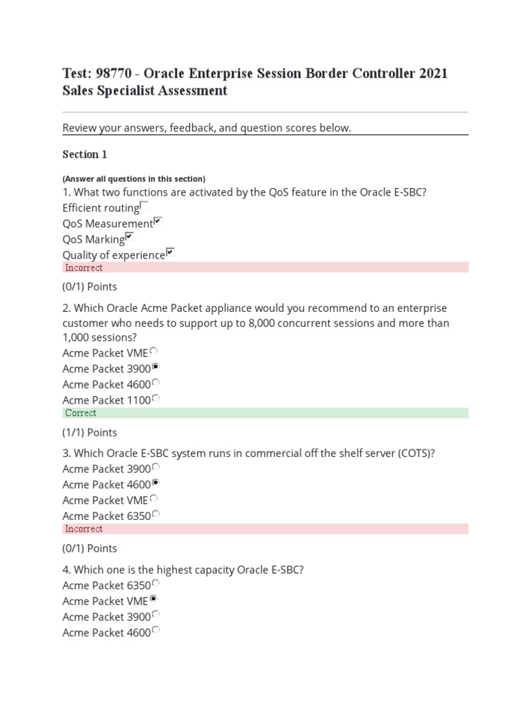 Oracle Enterprise Session Border Controller 2021 Sales Specialist Assessment Pdf