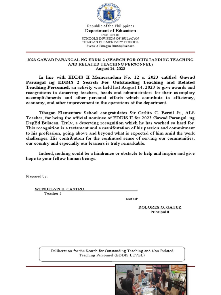 Narrative Report - Gawad Parangal 2023 | PDF | Teachers | Human ...