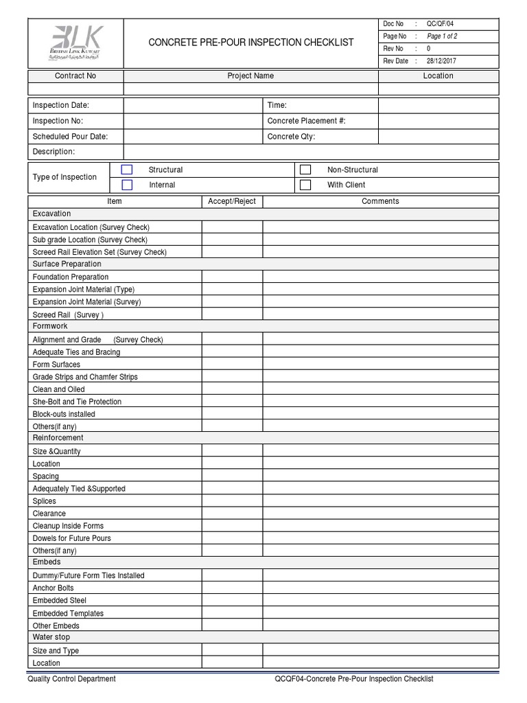 QCQF04-Concrete Pre-Pour Inspection Checklist | PDF | Pipe (Fluid ...