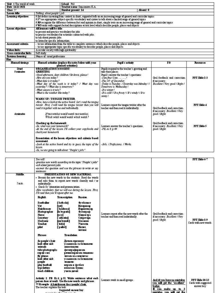Jobs Vocabulary Lesson Plan | PDF | Learning | Teachers