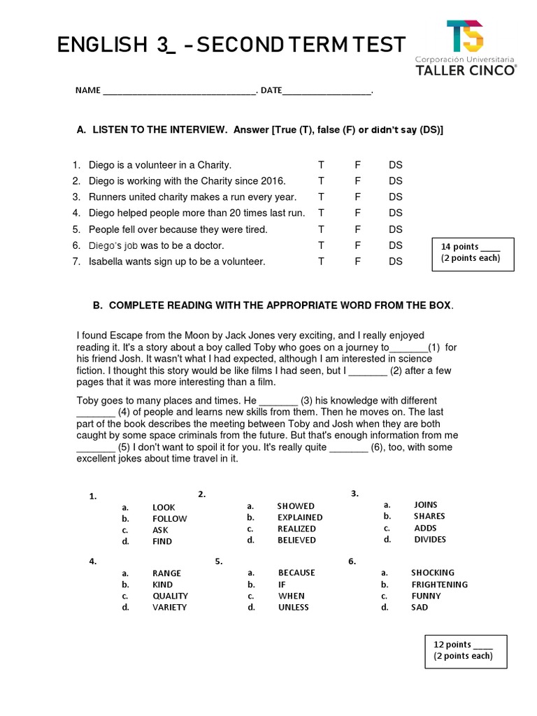 Eng 4 Second Term Test | PDF