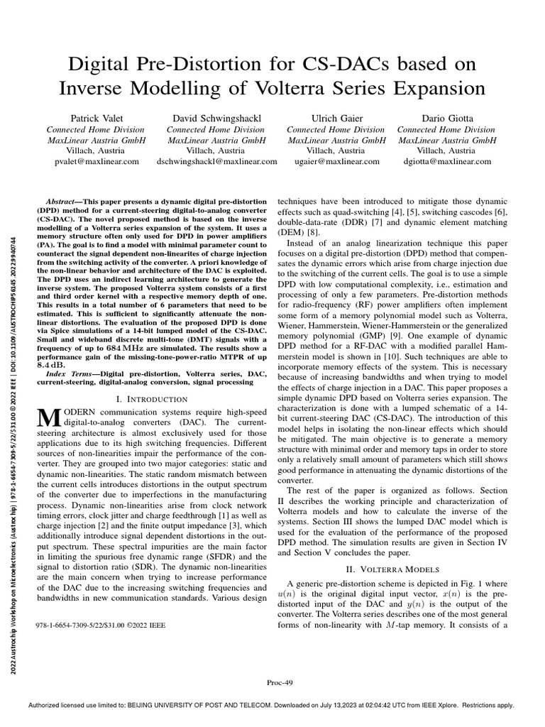 Digital Pre-Distortion For CS - DACs Based On Inverse Modelling of Volterra Series Expansion ...