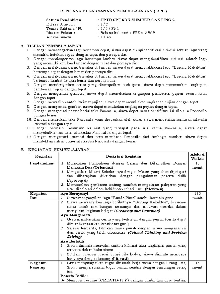 RPP 1 Lembar Kelas 1 Tema 5 ST 1 PB 1 | PDF