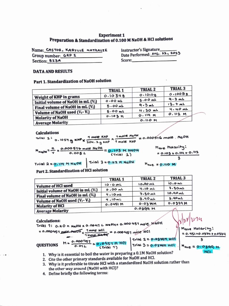 ACH 2103 - Experiment 1 - Preparation & Standardization of Solutions | PDF | Physical Sciences ...