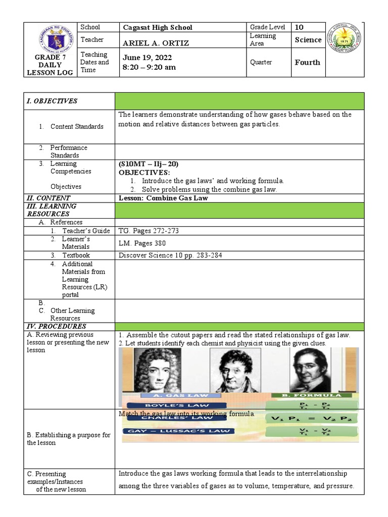 Grade 10 Science: Combine Gas Law Lesson | PDF