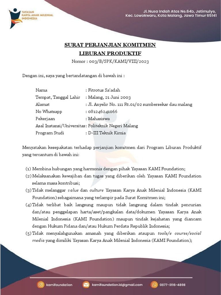 Surat Perjanjian Komitmen Peserta Liburan Produktif | PDF