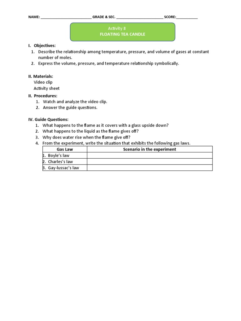 Activity 8b Floating Candle Combined Gas Law Video Analysis | PDF