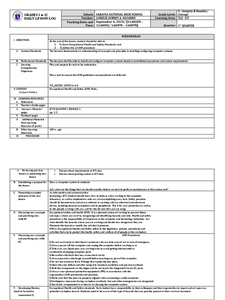 Dll Tle Ict Css 9 W2 D1 Pdf Occupational Safety And Health Educational Technology