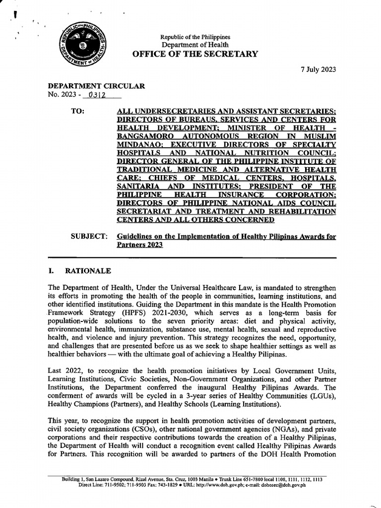 00 DC 2023-0312 Guidelines On The Implementation of Healthy Pilipinas Awards For Partners 2023 ...