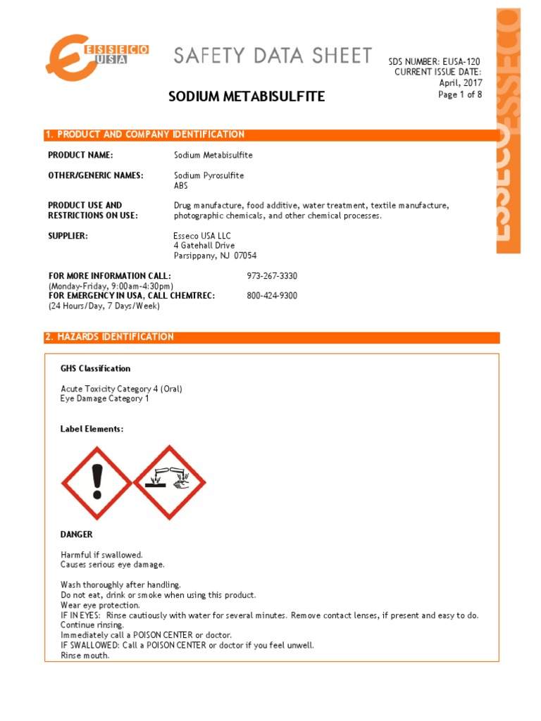 Sodium Metabisulfite SDS | PDF | Sulfur | Sulfur Dioxide