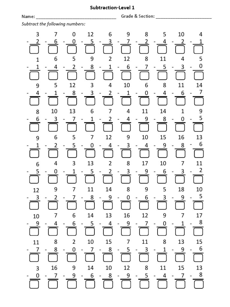 Subtraction Level 1 | PDF