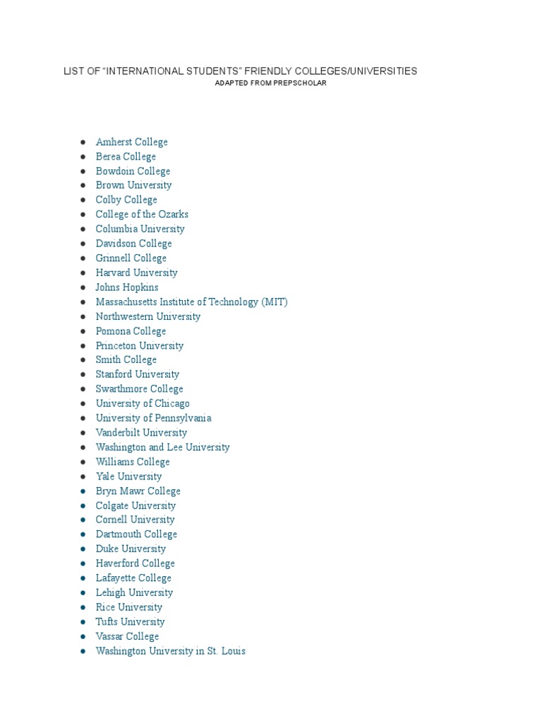 List of "International Students" Friendly Colleges - Universities | PDF