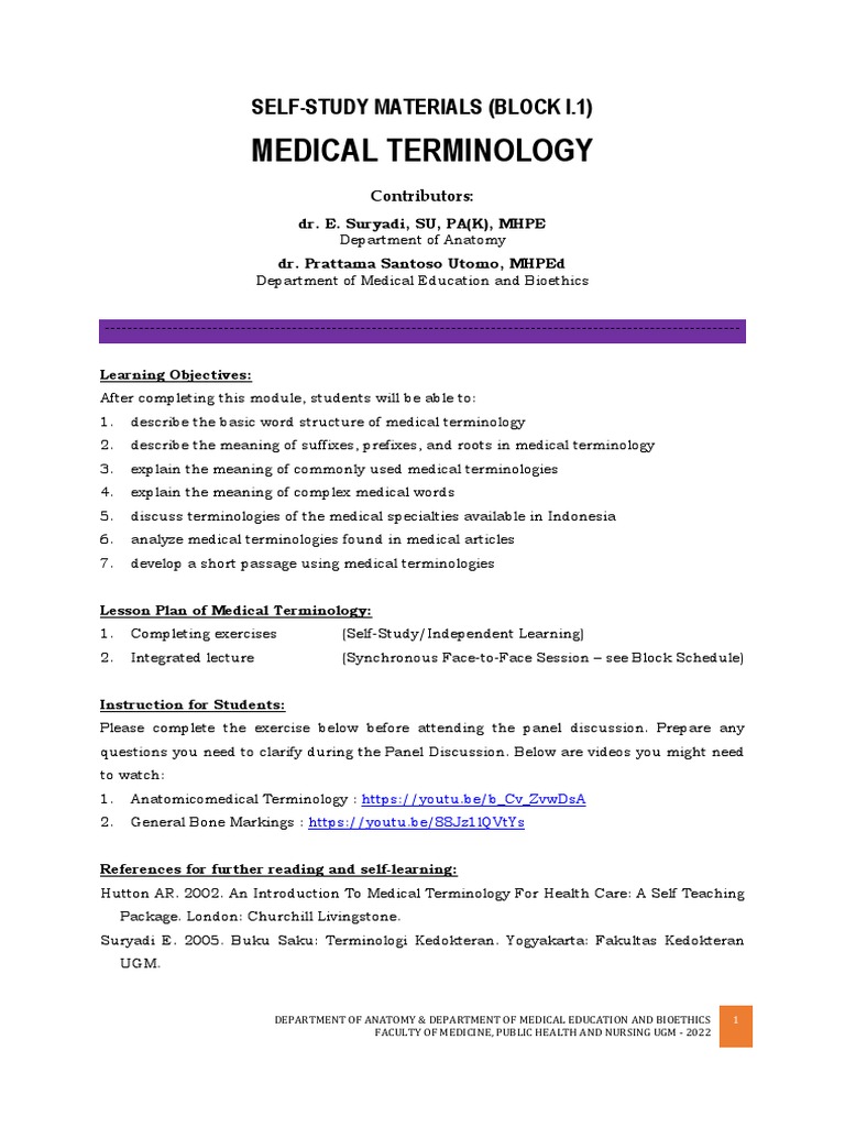 Self Study Handout - Medical Terminology - 2022 | PDF | Surgery | Thorax