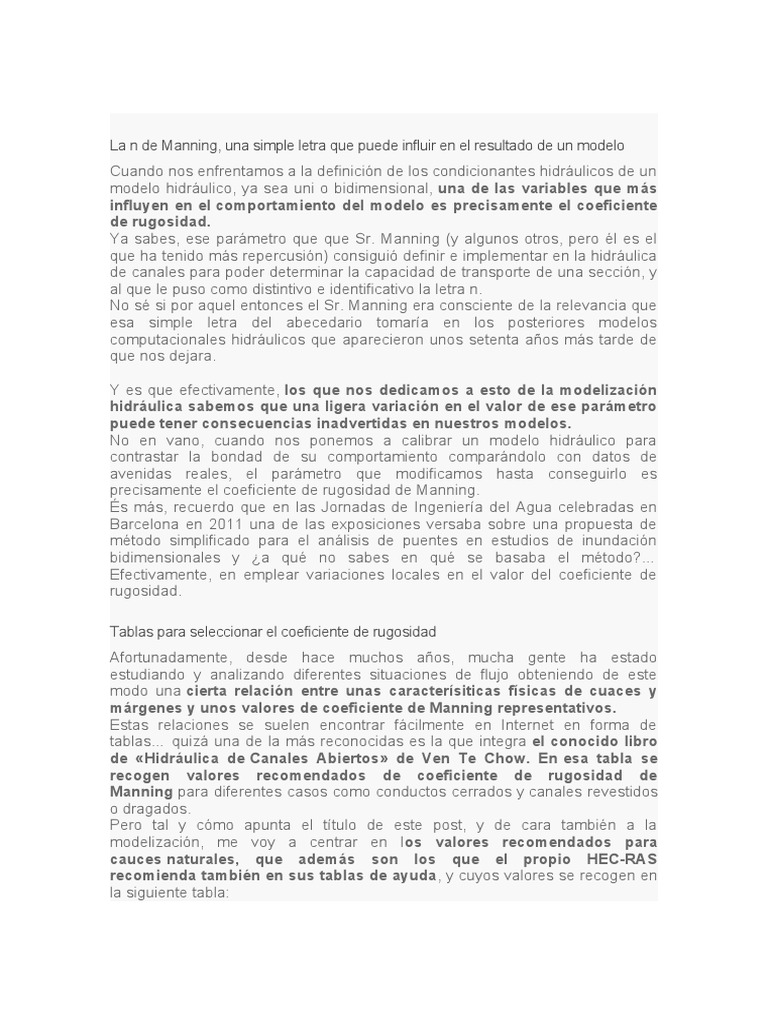 Coeficientes de Mannings en Rios | PDF